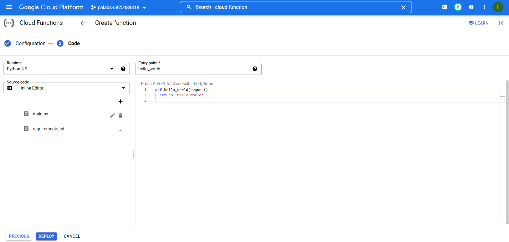 Create a Cloud Function using GCP Console