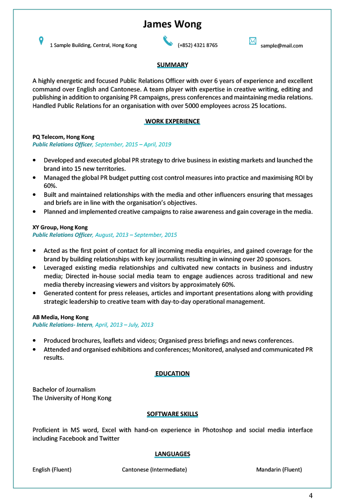Resume & CV Sample for Public Relations Officer - Jobsdb Hong Kong