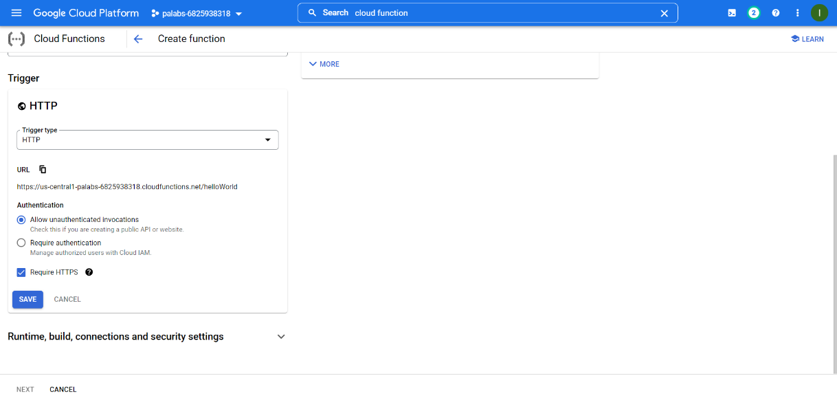 Create a Cloud Function using GCP Console