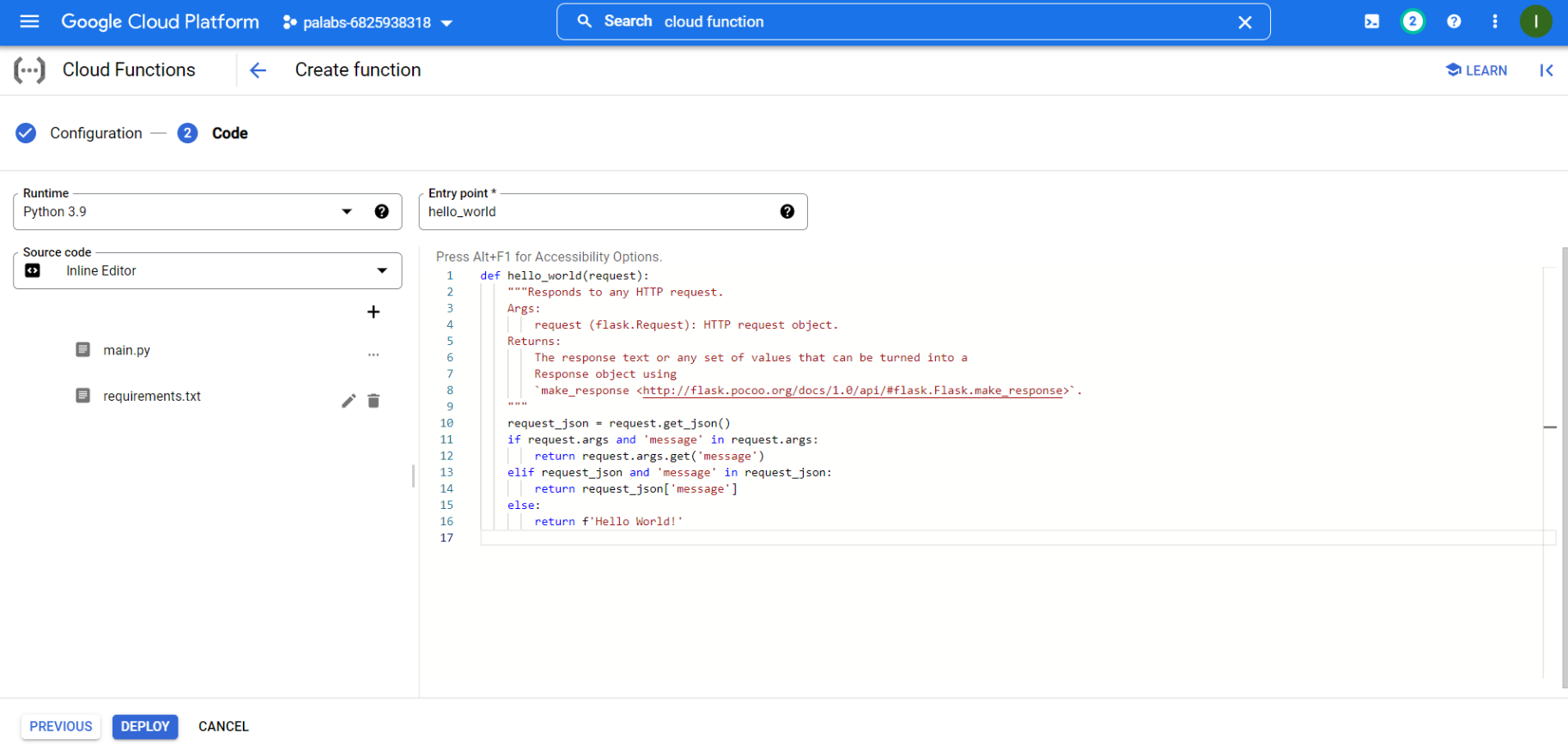 Create a Cloud Function using GCP Console