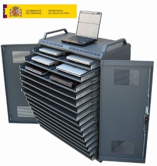 Full extension slides give access in laptop storage cabinet