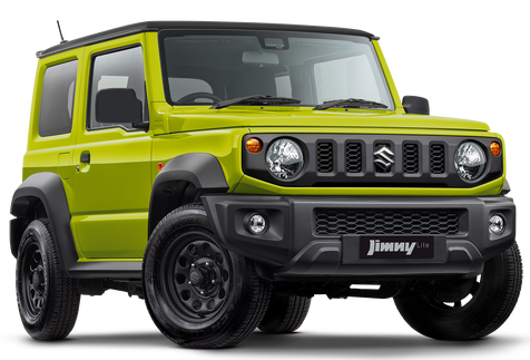 Front view of a green Suzuki Jimny 3-door, model year 2023 in front of ...