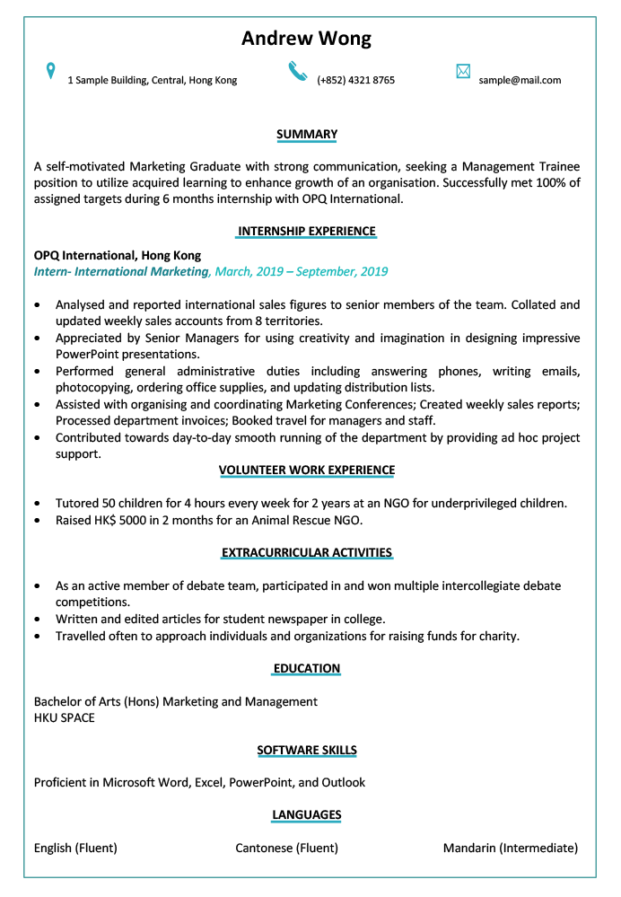 Resume & CV Sample for Graduate or Management Trainee - Jobsdb Hong Kong