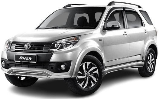 Side view of a silver colored Toyota Rush, model year 2019 in front of ...