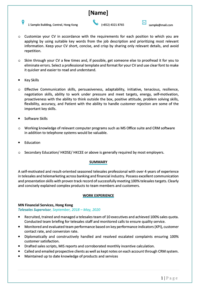 Resume & CV Writing Tips and Sample Telesales (Telemarketing) - Jobsdb ...