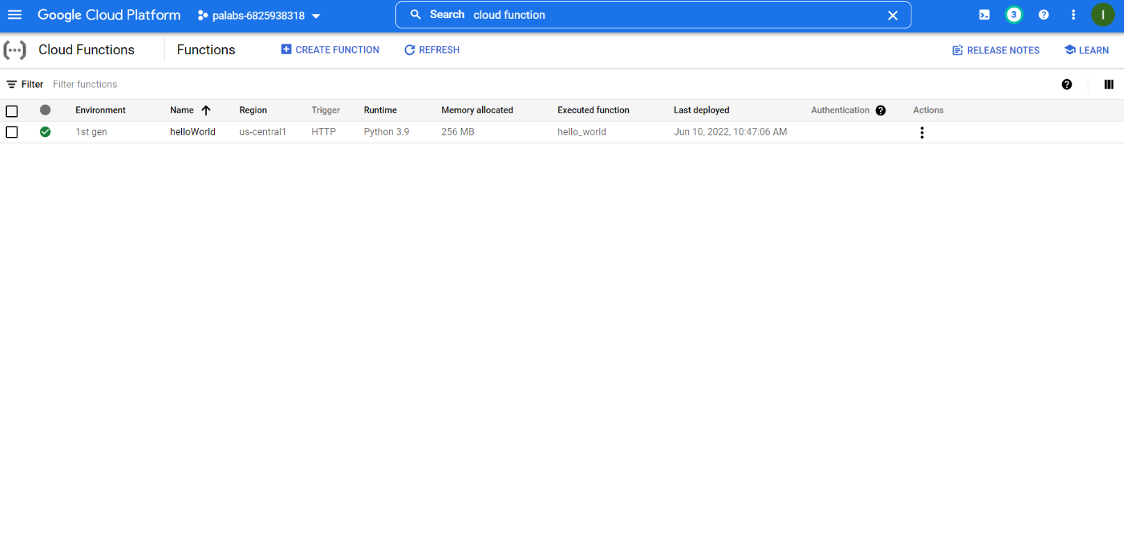 Create a Cloud Function using GCP Console