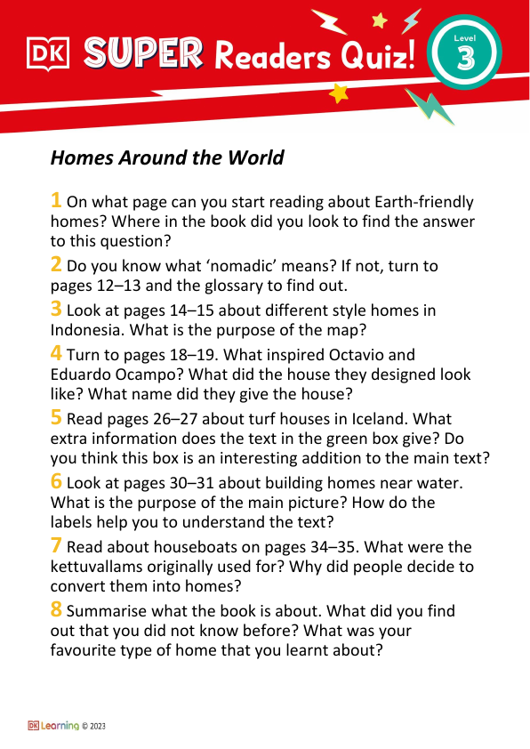 Level 3 Homes Around the World Comprehension Quiz