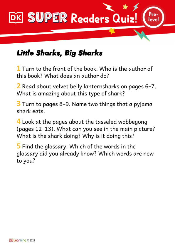 Pre-Level Little Sharks Big Sharks Comprehension Quiz