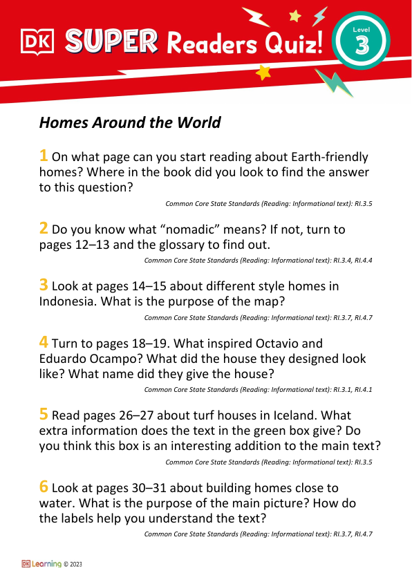 Level 3 Homes Around the World Comprehension Quiz