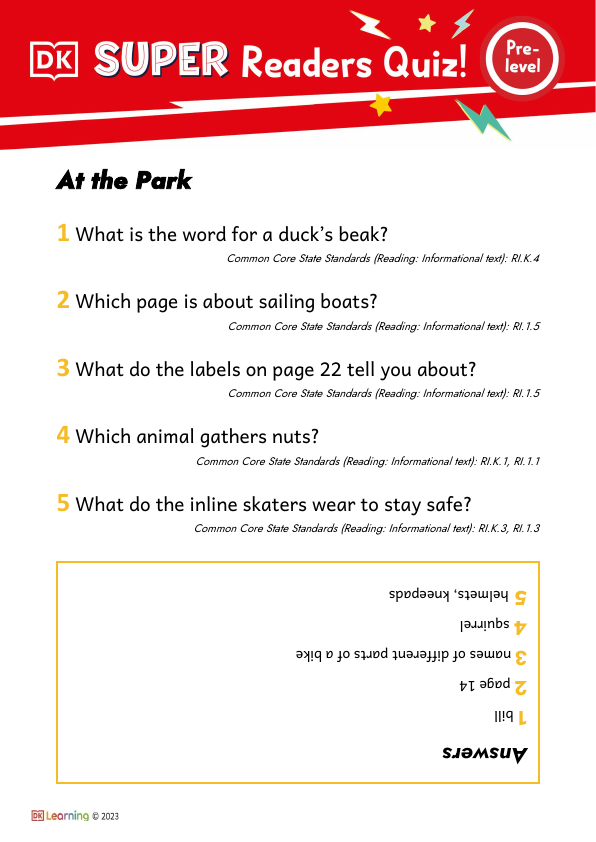 Pre-level At the Park Comprehension Quiz