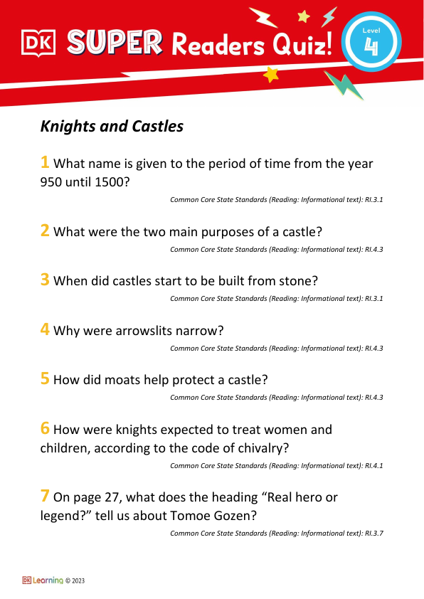 Level 4 Knights and Castles Comprehension Quiz