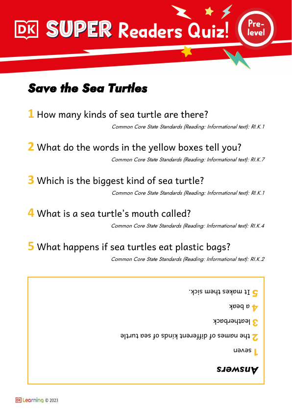 Pre-level Save the Sea Turtles Comprehension Quiz