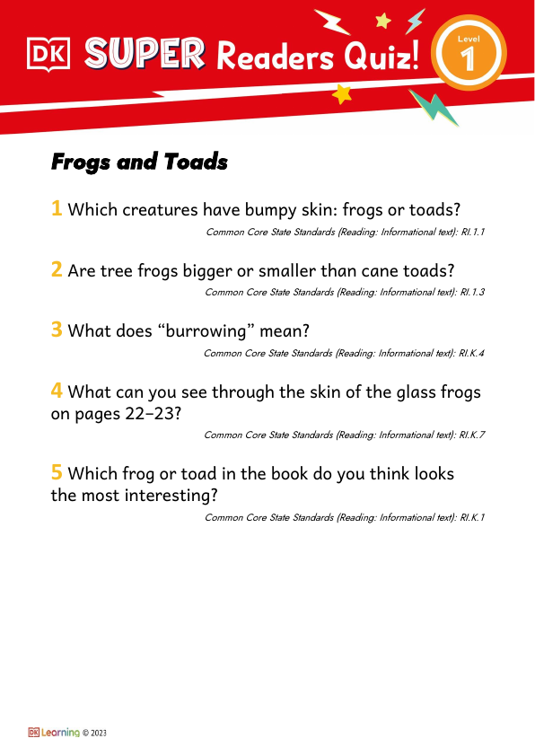 Level 1 Frogs and Toads Comprehension Quiz