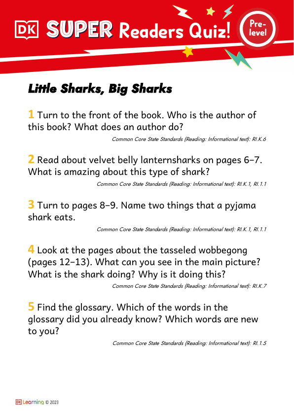 Pre-level Little Sharks, Big Sharks Comprehension Quiz
