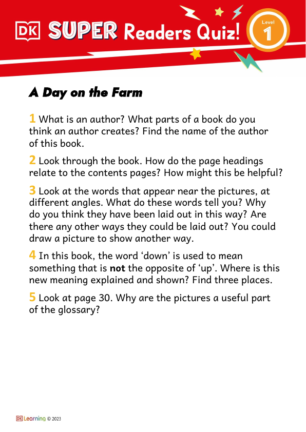 Level 1 A Day on the Farm Comprehension Quiz