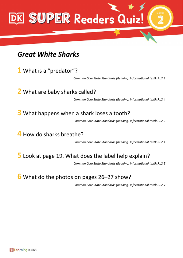 Level 2 Great White Sharks Comprehension Quiz