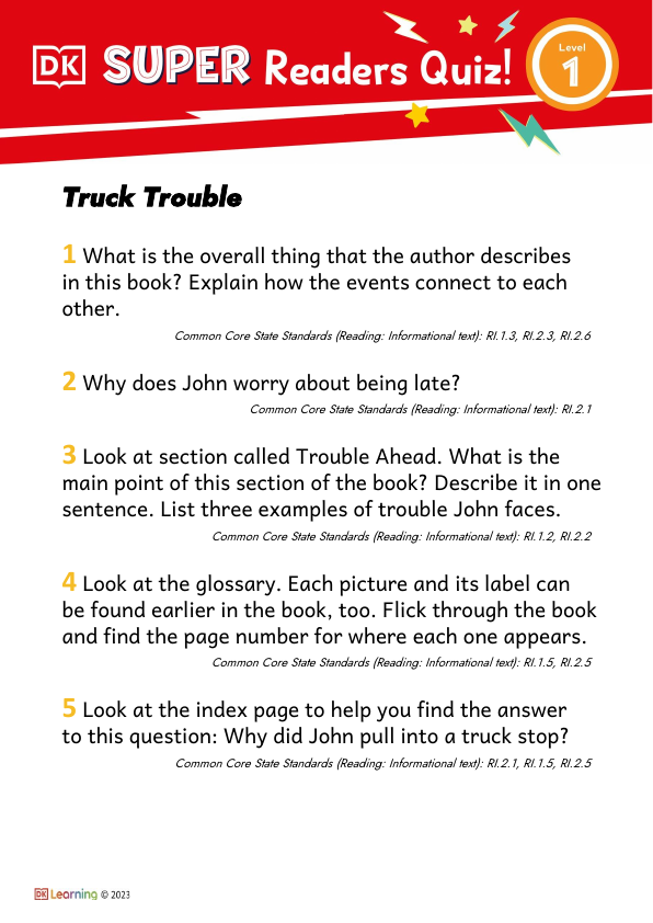 Level 1 Truck Trouble Comprehension Quiz