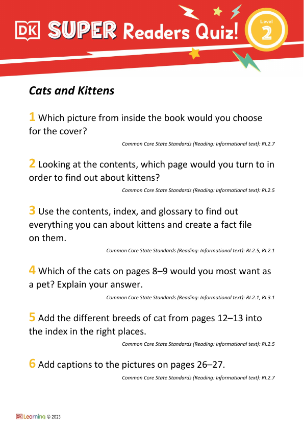 Level 2 Cats and Kittens Comprehension Quiz