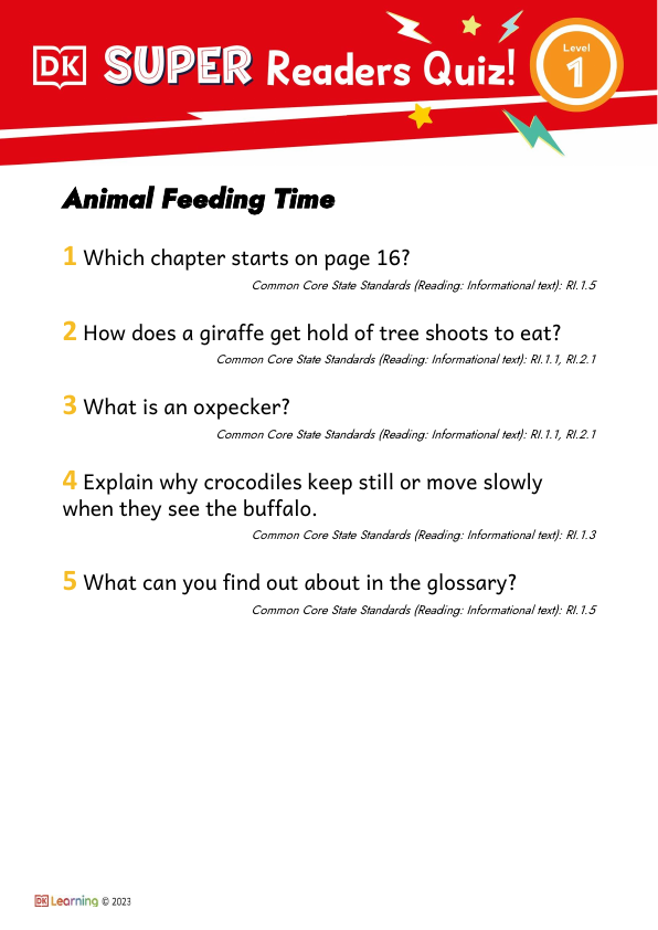 Level 1 Animal Feeding Time Comprehension Quiz