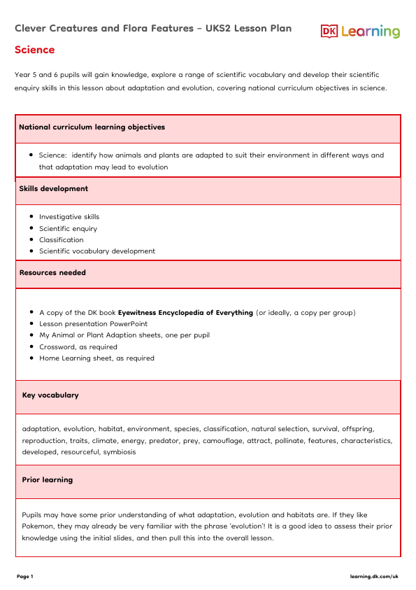 Clever Creatures and Flora Features – UKS2 Lesson Plan