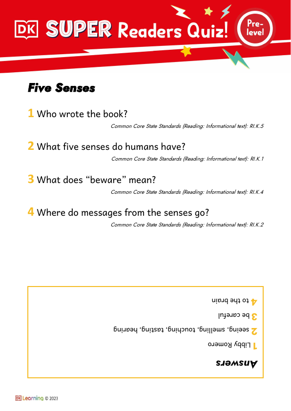 Pre-level Five Senses Comprehension Quiz
