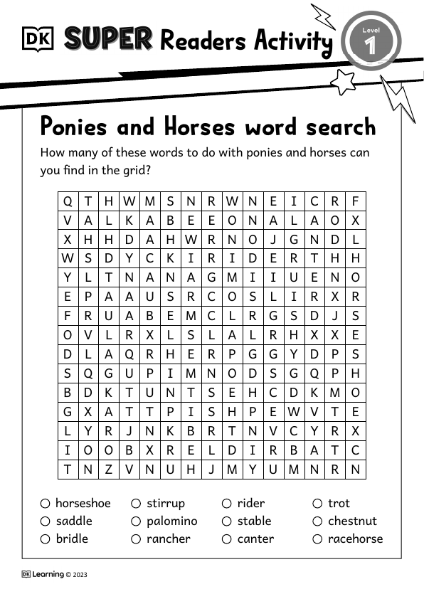 Level 1 Ponies and Horses Word Search Activity Sheet