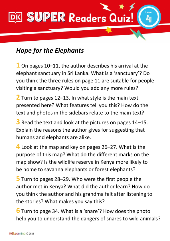 Level 4 Hope for the Elephants Comprehension Quiz