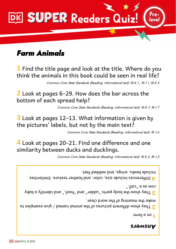 Pre-level Farm Animals Comprehension Quiz