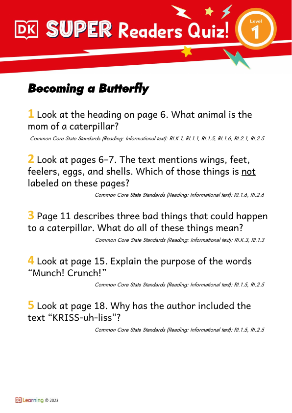 Level 1 Becoming a Butterfly Comprehension Quiz