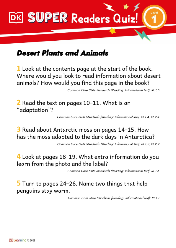 Level 1 Desert Plants and Animals Comprehension Quiz