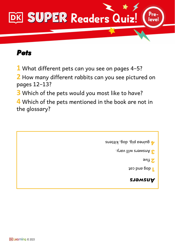 Pre-Level Pets Comprehension Quiz