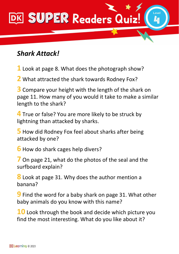 Level 4 Shark Attack Comprehension Quiz