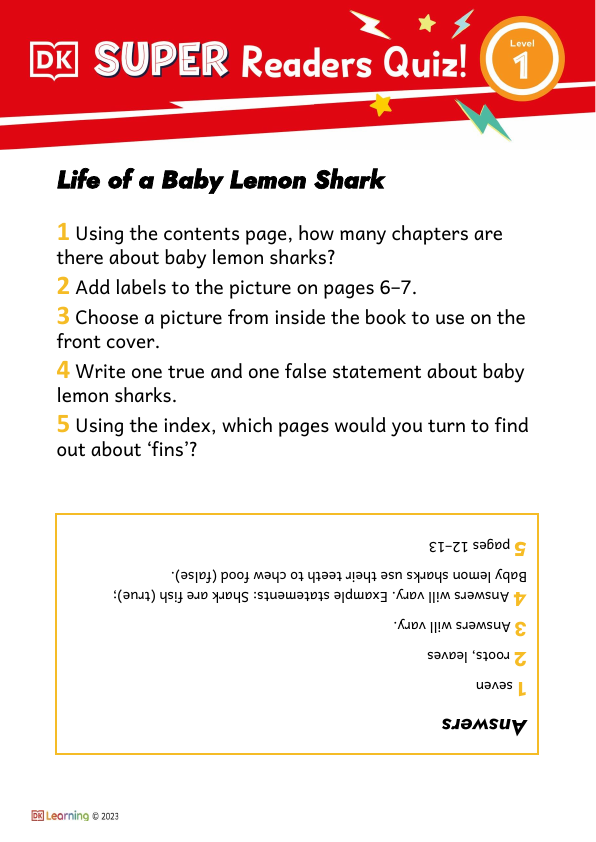 Level 1 Life of a Baby Lemon Shark Comprehension Quiz