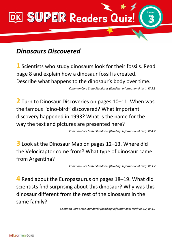 Level 3 Dinosaurs Discovered Comprehension Quiz