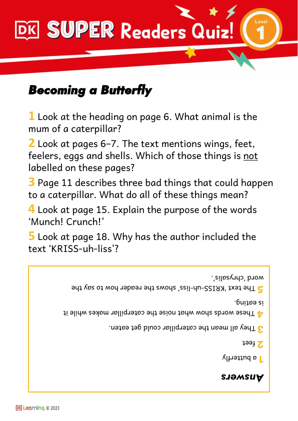 Level 1 Becoming a Butterfly Comprehension Quiz