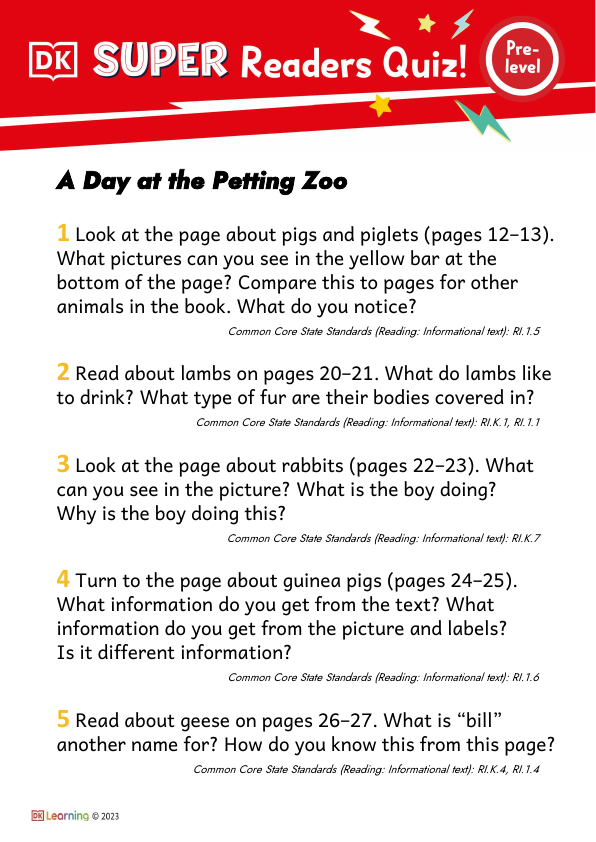 Pre-level A Day at the Petting Zoo Comprehension Quiz