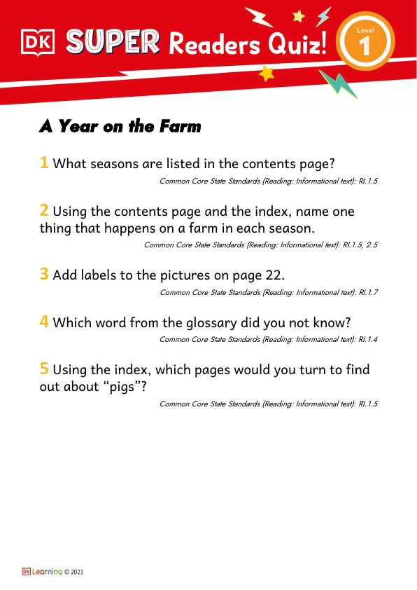 Level 1 A Year on the Farm Comprehension Quiz
