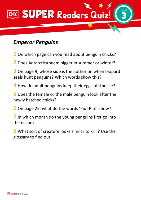 Level 3 Emperor Penguins Comprehension Quiz