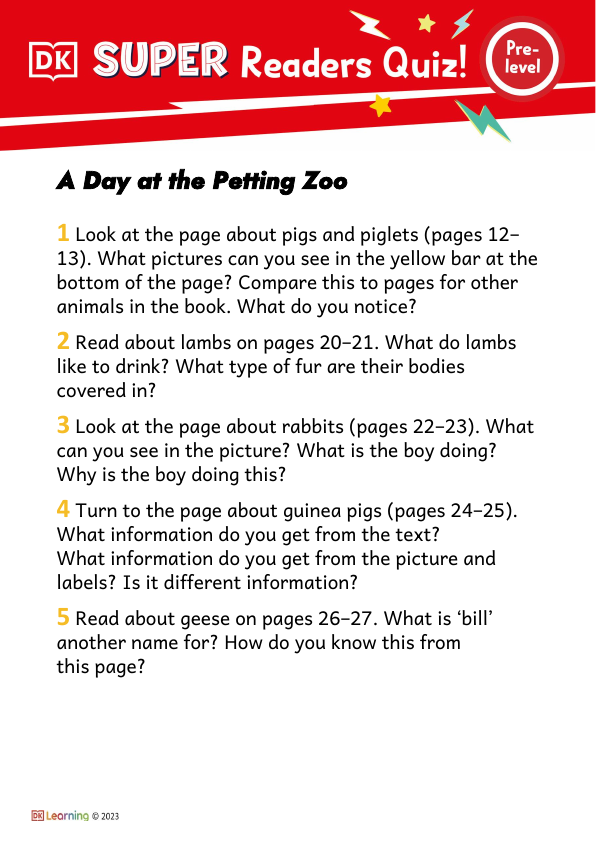 Pre-level A day at the Petting Zoo Comprehension Quiz