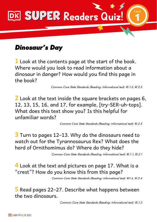Level 1 Dinosaur's Day Comprehension Quiz