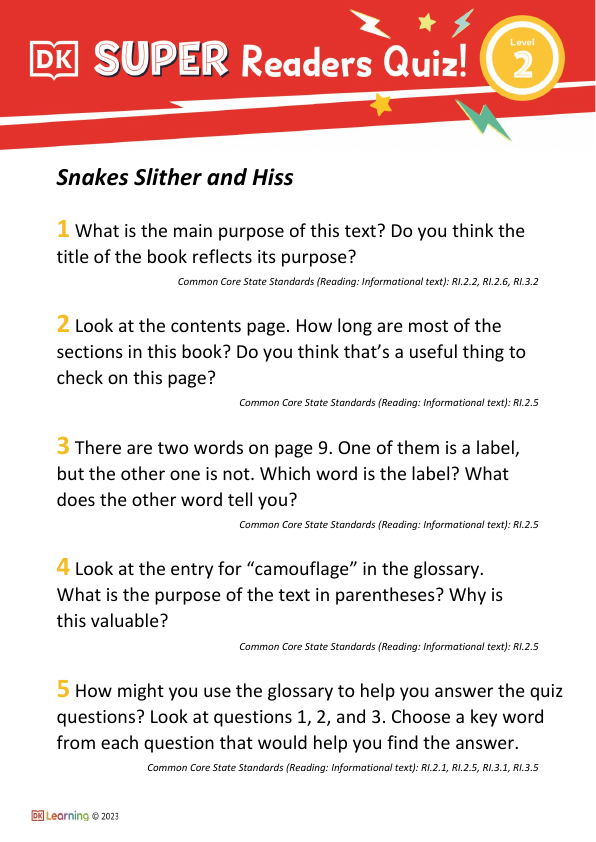 Level 2 Snakes Slither and Hiss Comprehension Quiz