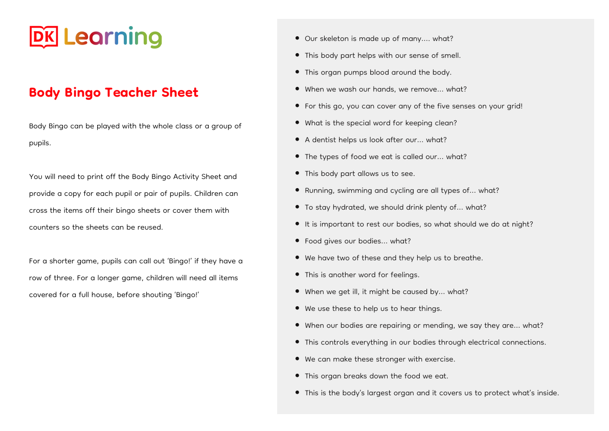 Body Bingo Teacher Sheet