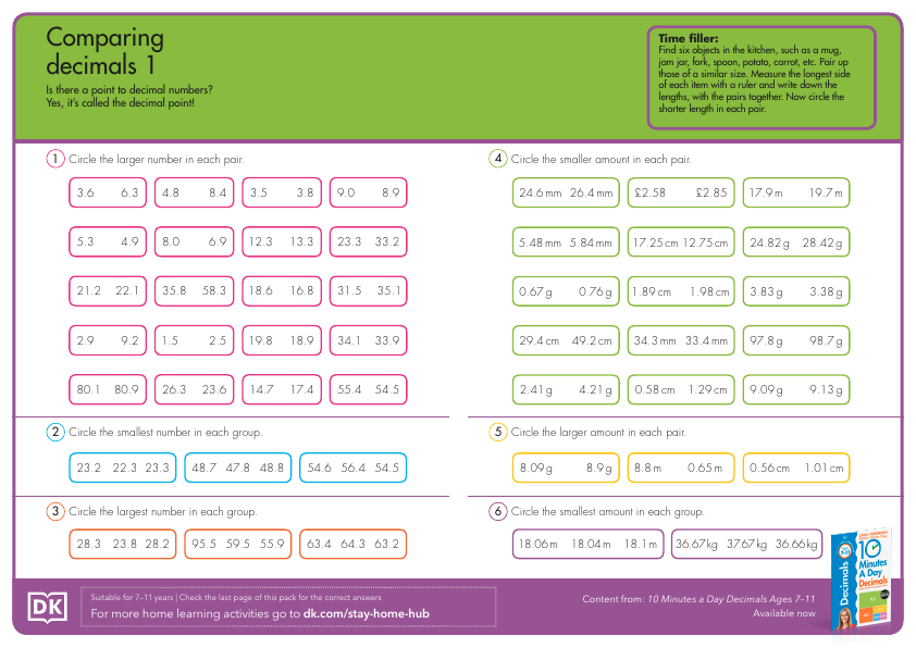 Comparing Decimals Activity Sheet