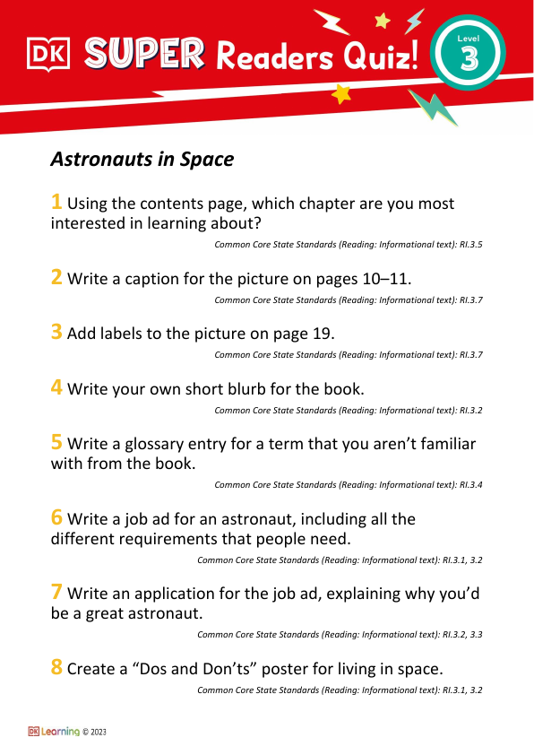 Level 3 Astronauts in Space Comprehension Quiz