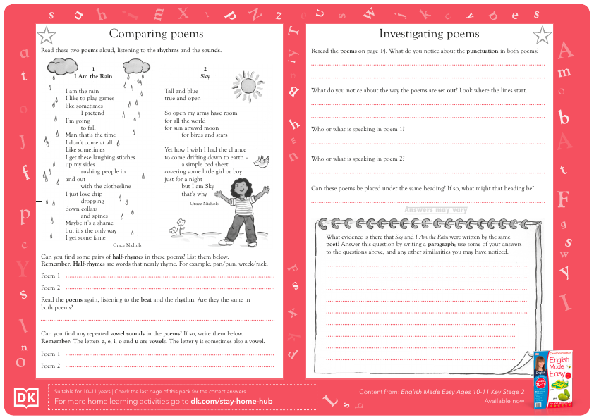 English: Compare Poems Activity Sheet
