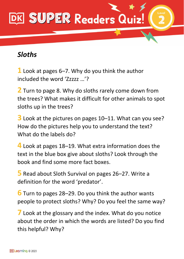 Level 2 Sloths Comprehension Quiz