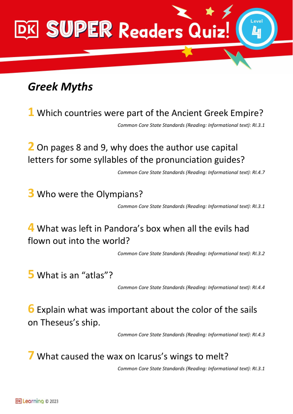 Level 4 Greek Myths Comprehension Quiz