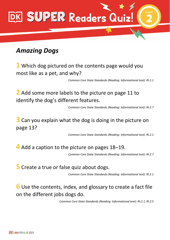 Level 2 Amazing Dogs Comprehension Quiz