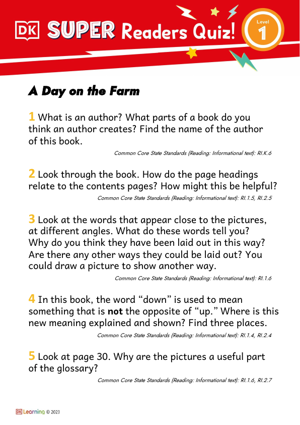 Level 1 A Day on the Farm Comprehension Quiz
