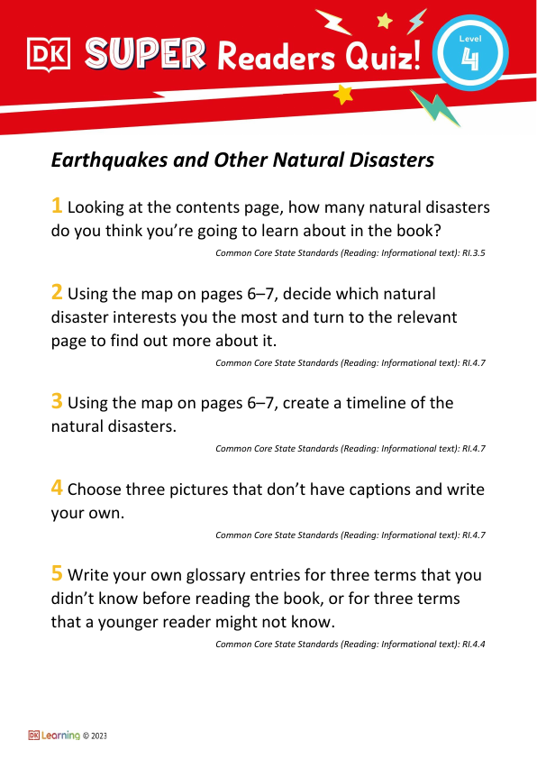 Level 4 Earthquakes and Other Natural Disasters Comprehension Quiz